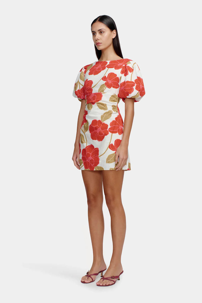 Shop Kimberley Primrose Red Floral Puff Sleeve Mini Dress | Flo & Fran