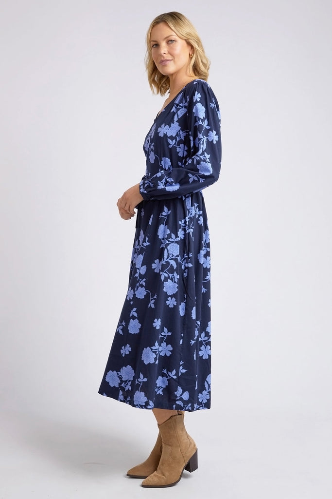 Shop Kacey Navy Floral V Neck Midi Dress | Flo & Frankie