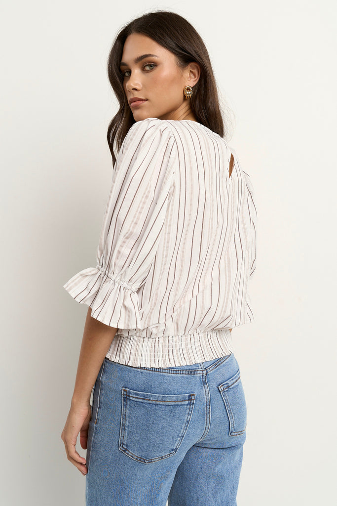 Shop Lovely Chocolate Stripe Shirred Back SS Top | Flo & Frankie