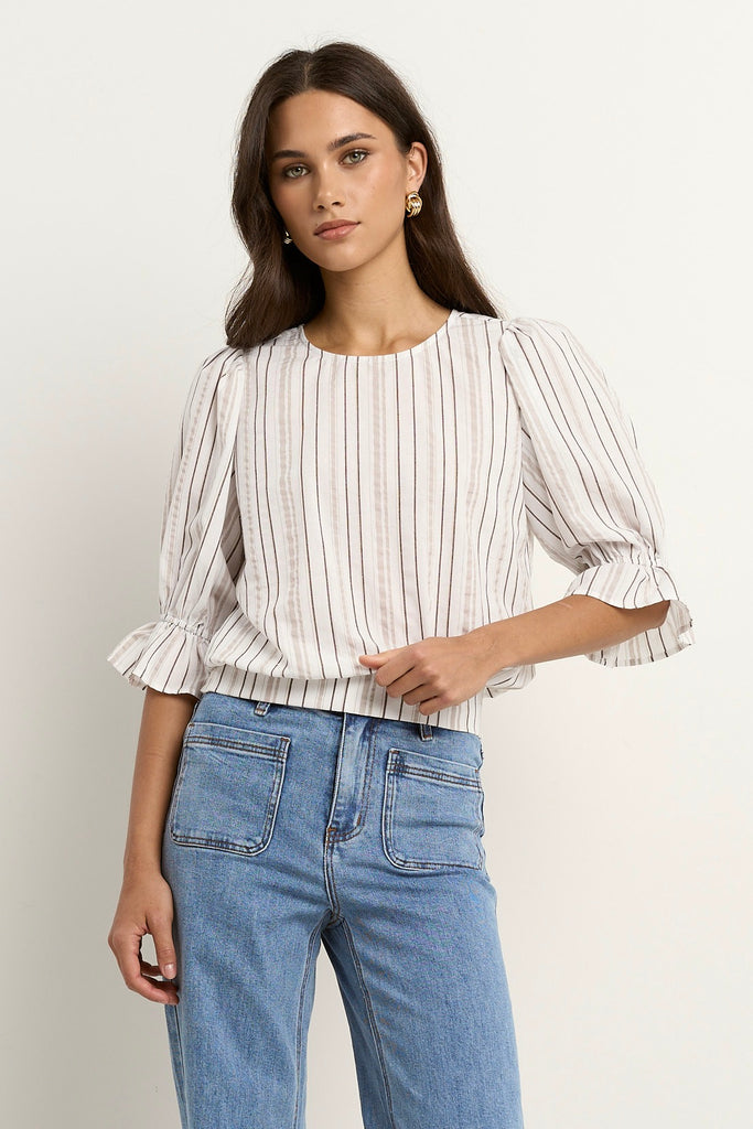 Shop Lovely Chocolate Stripe Shirred Back SS Top | Flo & Frankie
