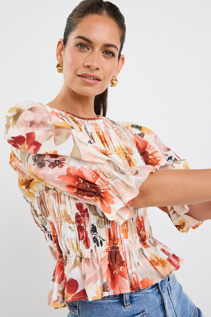 Shop Melodic Sunrise Meadow Shirred Body Short Sleeve Top | Flo & Fran