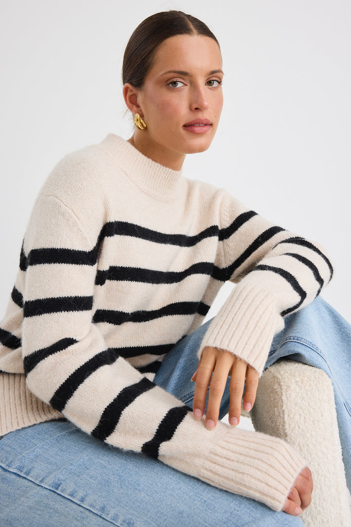Shop Monogram Oat Black Stripe Funnel Neck Jumper | Flo & Frankie