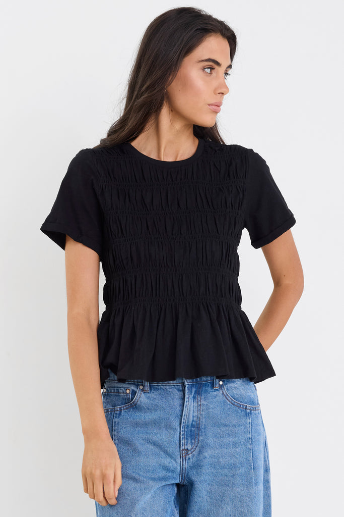 Shop Neat Black Slub Shirred Detail SS Tee | Flo & Frankie
