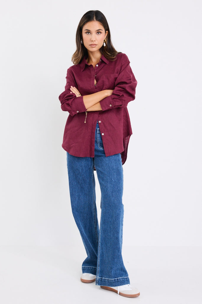 Shop Optimum Burgundy Plum Linen Oversized Shirt | Flo & Frankie