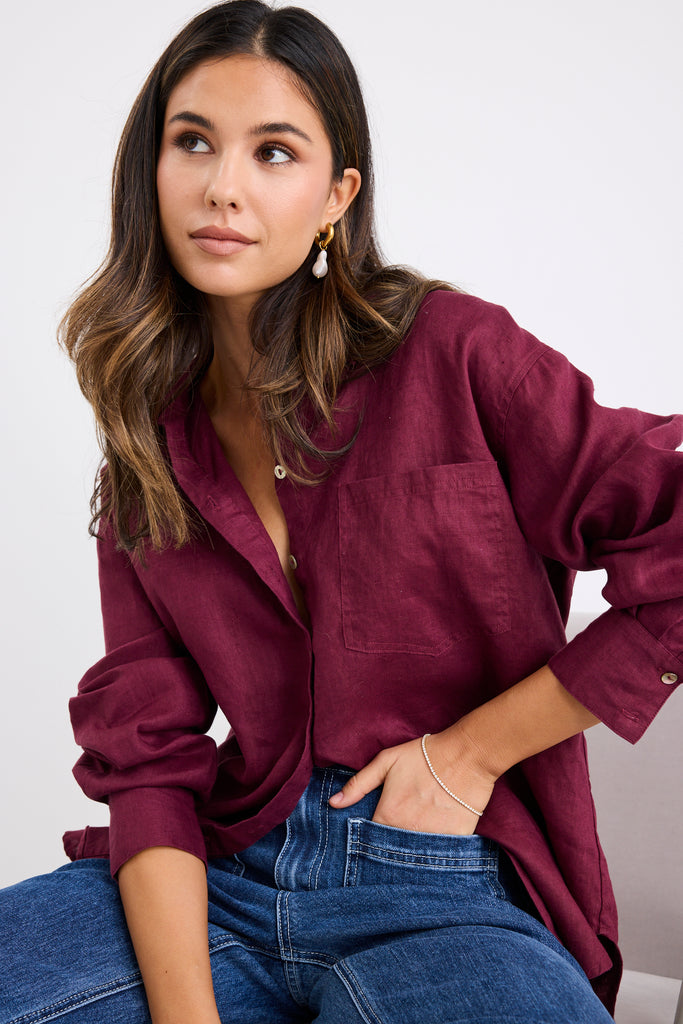 Shop Optimum Burgundy Plum Linen Oversized Shirt | Flo & Frankie