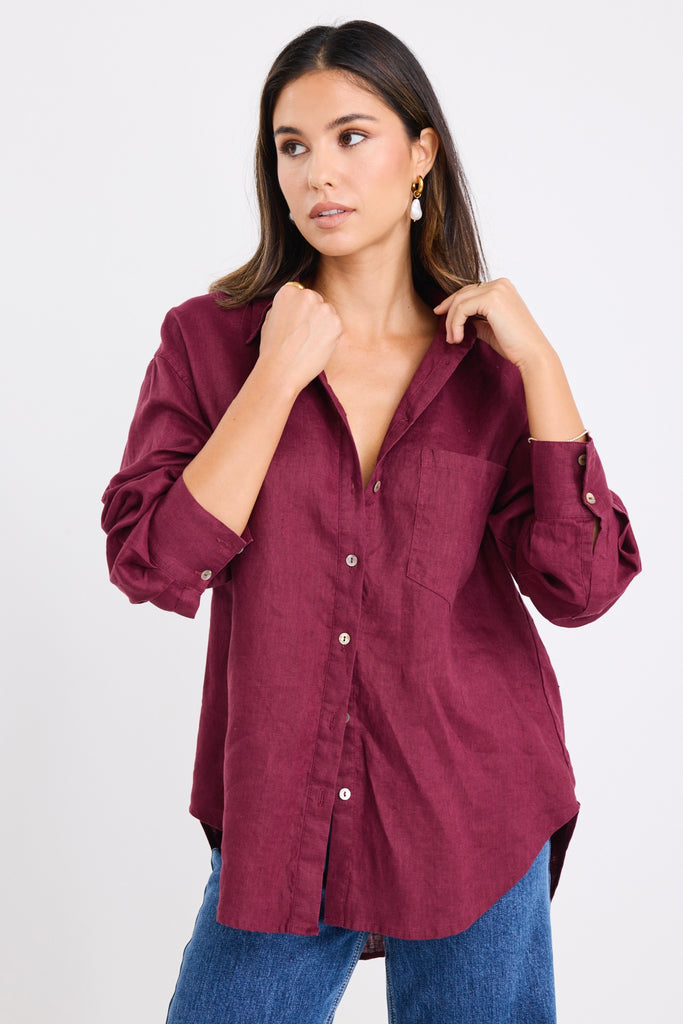 Shop Optimum Burgundy Plum Linen Oversized Shirt | Flo & Frankie