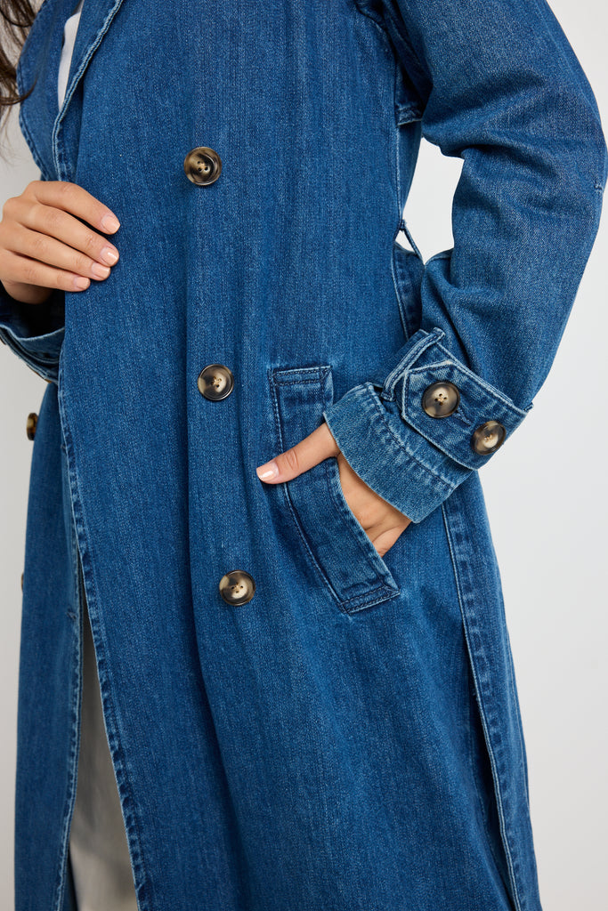 Shop Origin Storm Blue Denim Trench Coat | Flo & Frankie