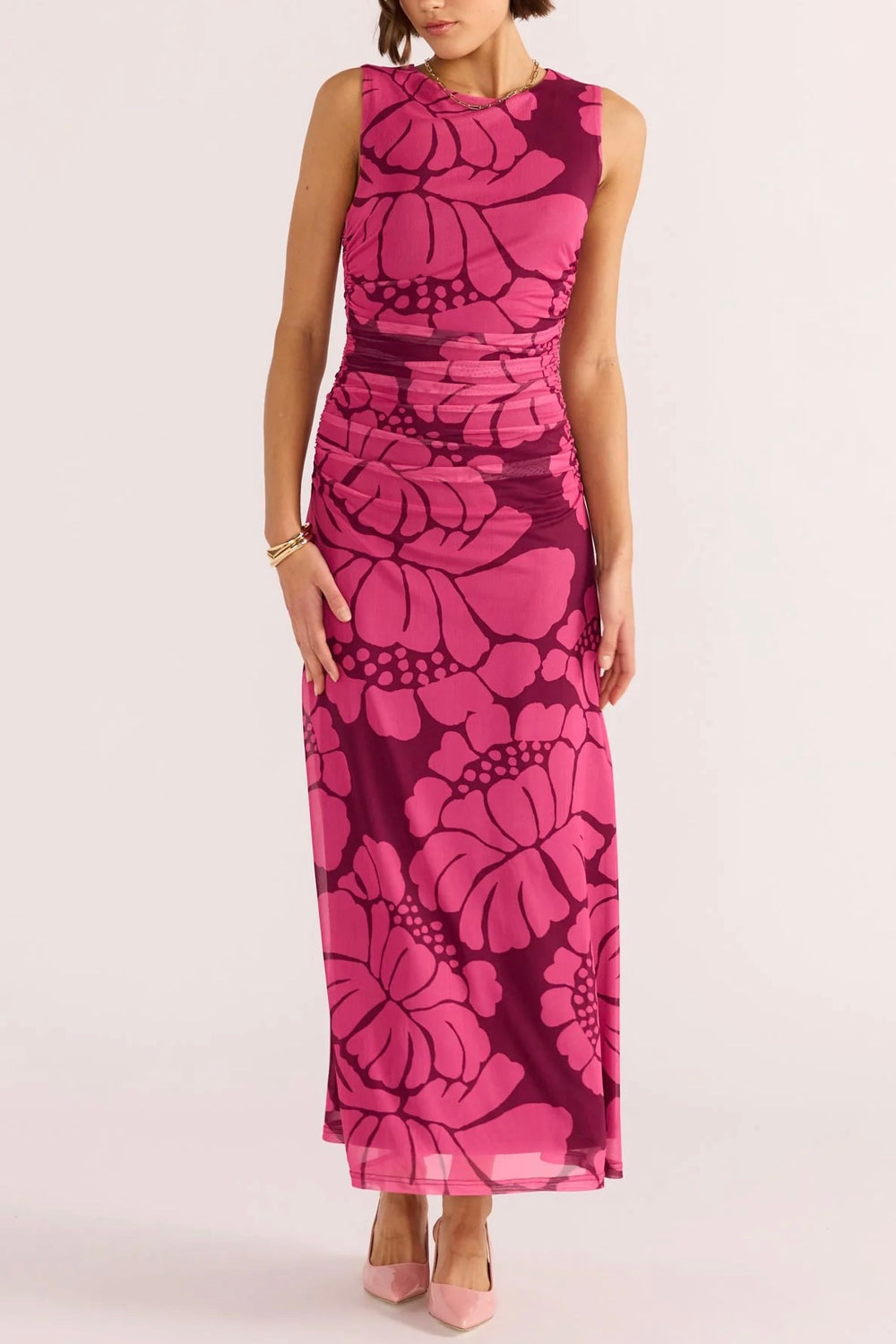 Shop Persephone Berry Floral Mesh Sleeveless Midi Dress | Flo & Franki