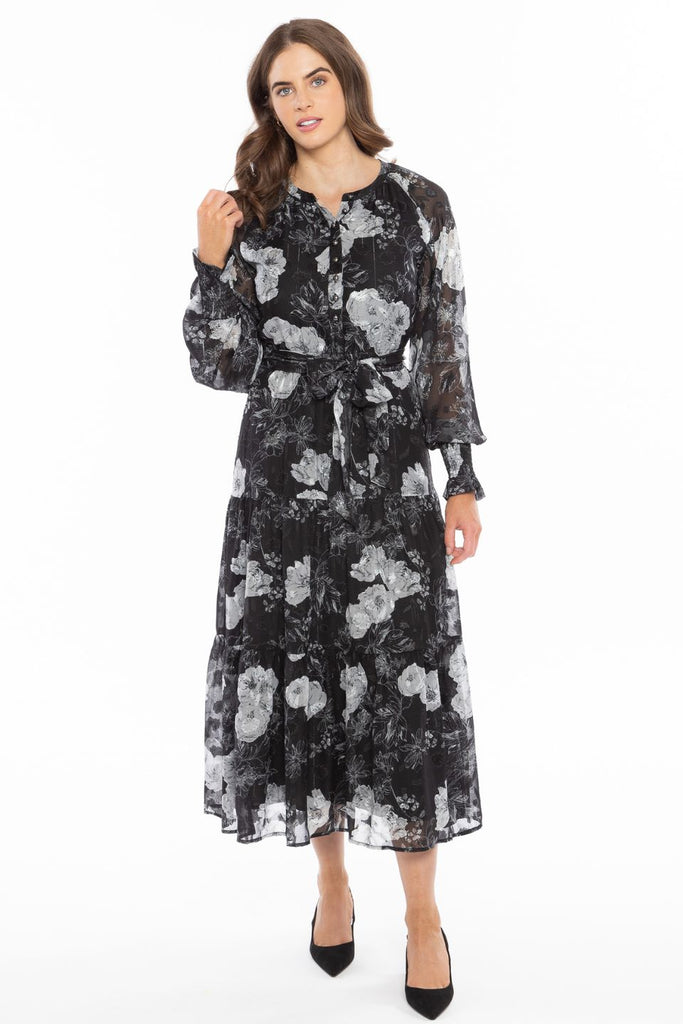 Shop Perspective Large Black White Floral LS Tiered Maxi | Flo & Frank