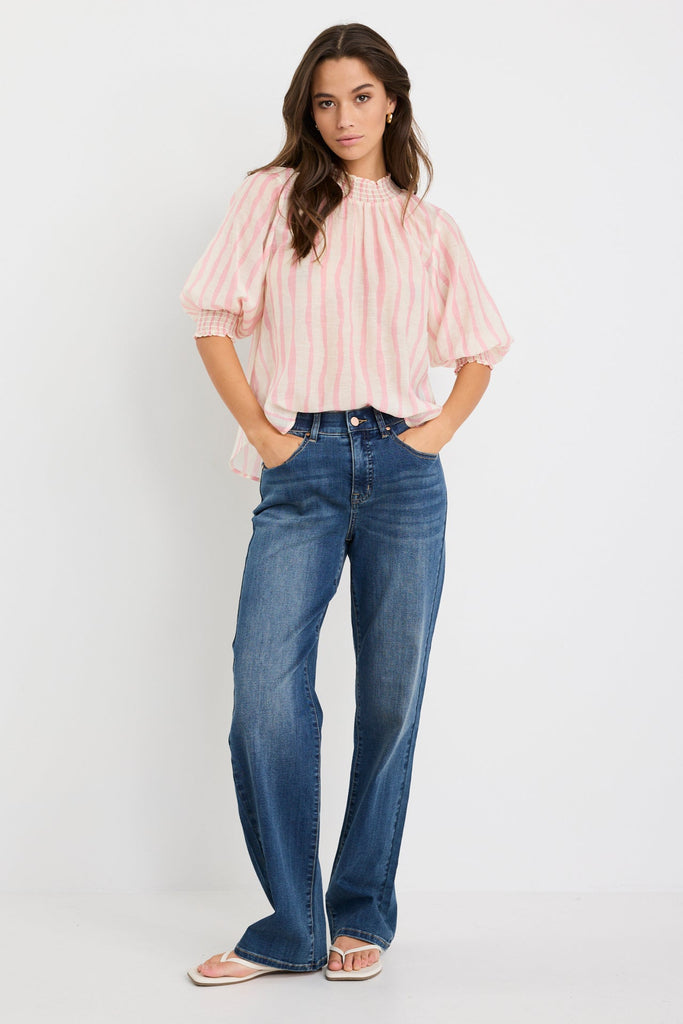 Shop Precisian Blush Stripe High Neck SS Top | Flo & Frankie