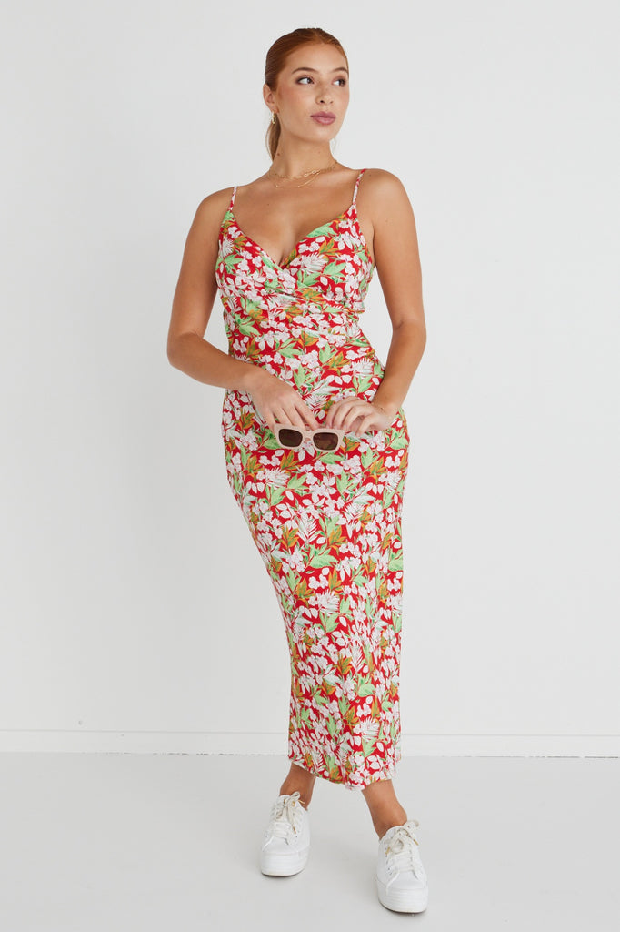 Shop Rapture Red Tropical Strappy Mock Wrap Midi Dress | Flo & Frankie