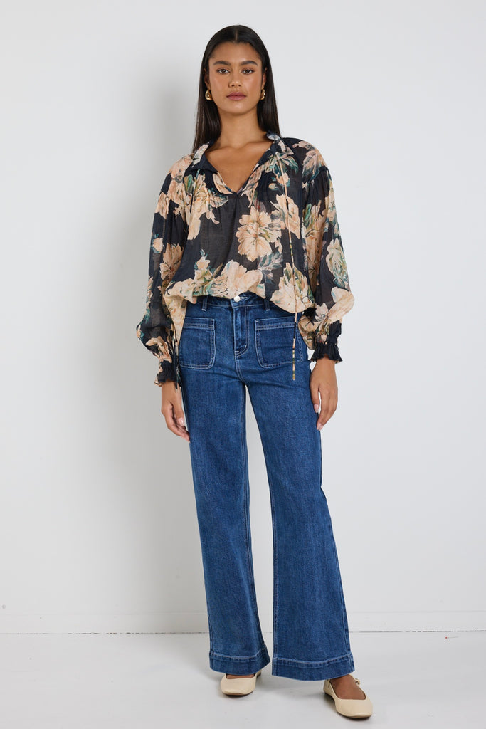 Shop Refined Navy Peach Floral LS Pintuck Top | Flo & Frankie