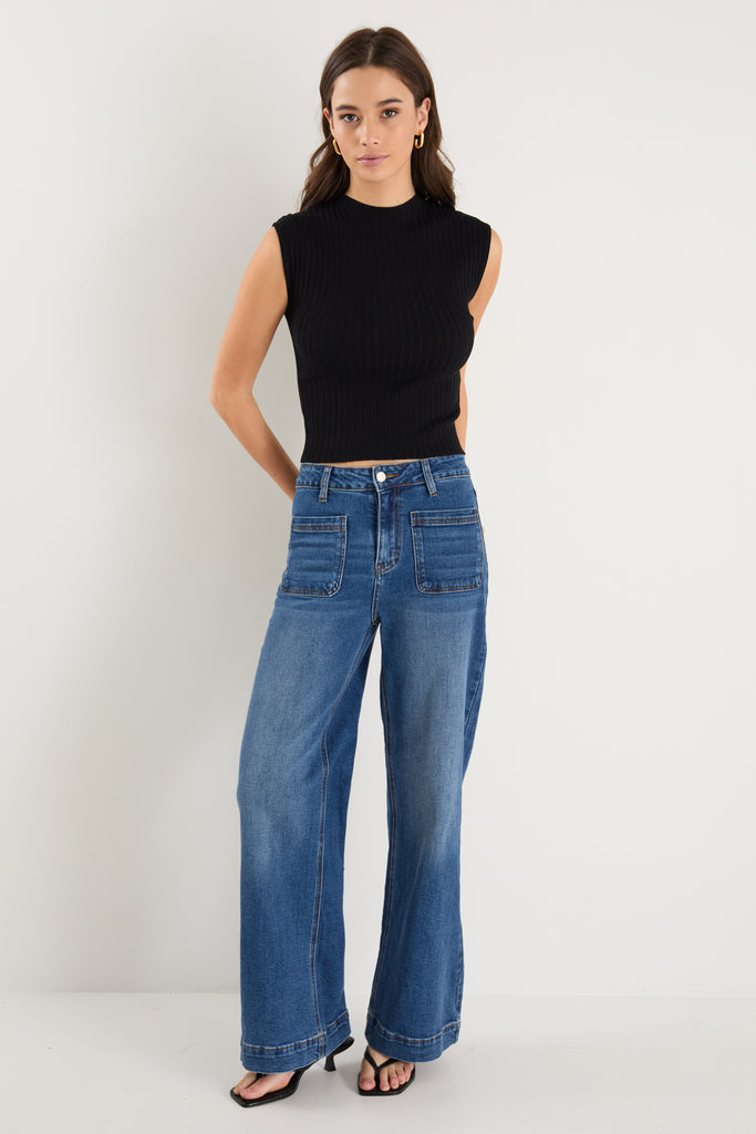 Shop Regal Black Sleeveless Funnel Neck Rib Knit Top | Flo & Frankie