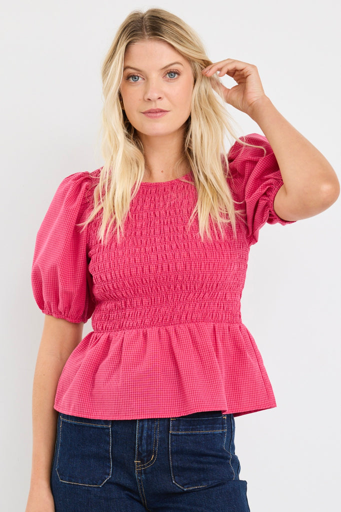 Shop Requite Raspberry Ditsy Gingham Shirred Body SS Top | Flo & Frank