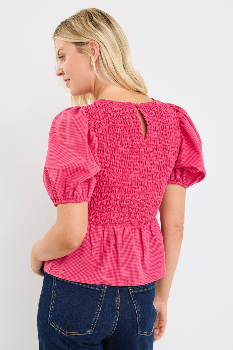 Shop Requite Raspberry Ditsy Gingham Shirred Body SS Top | Flo & Frank