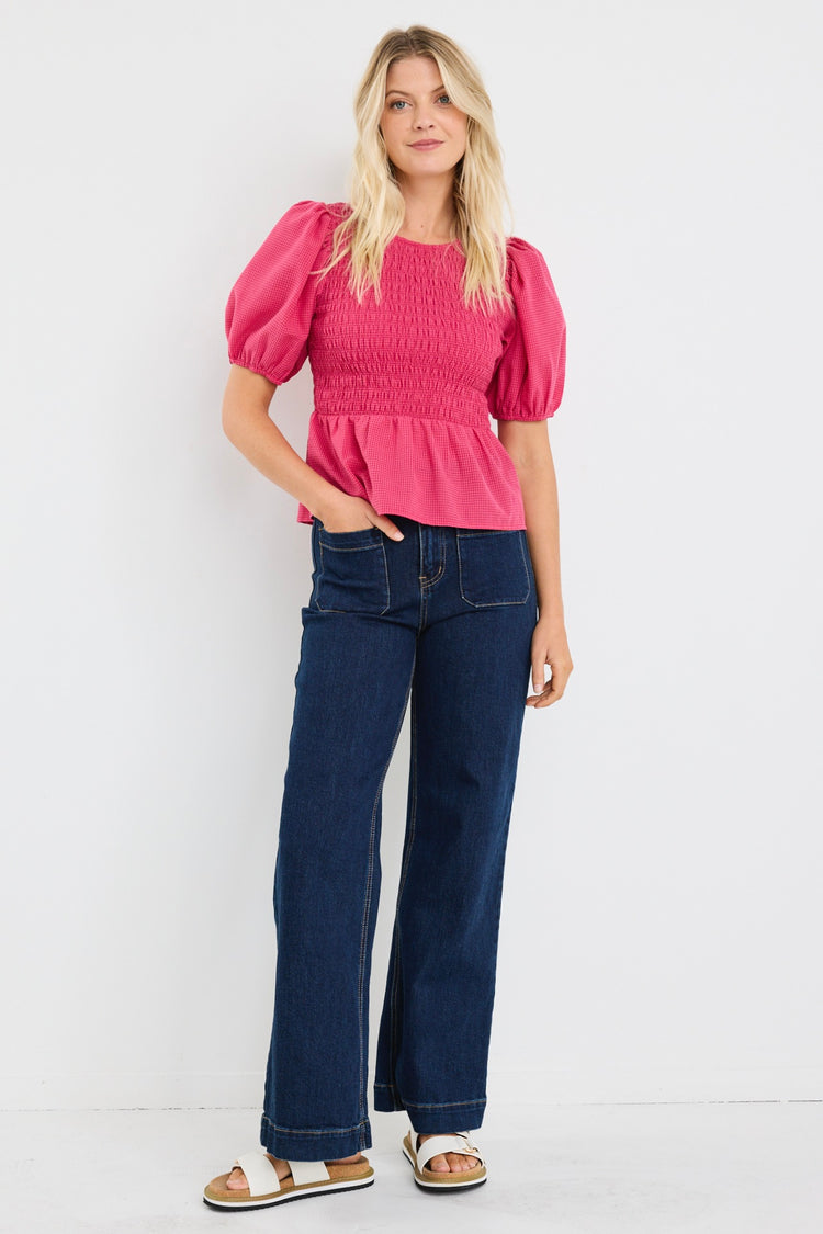 Shop Requite Raspberry Ditsy Gingham Shirred Body SS Top | Flo & Frank