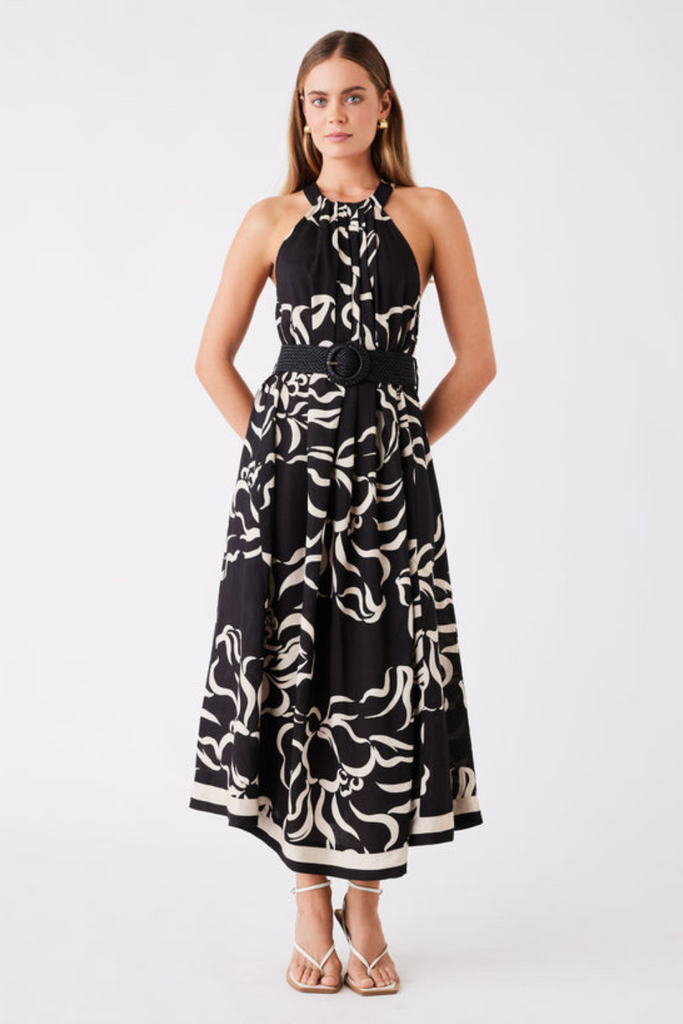 Shop Sandy Wave Black Print High Neck Midi Dress | Flo & Frankie