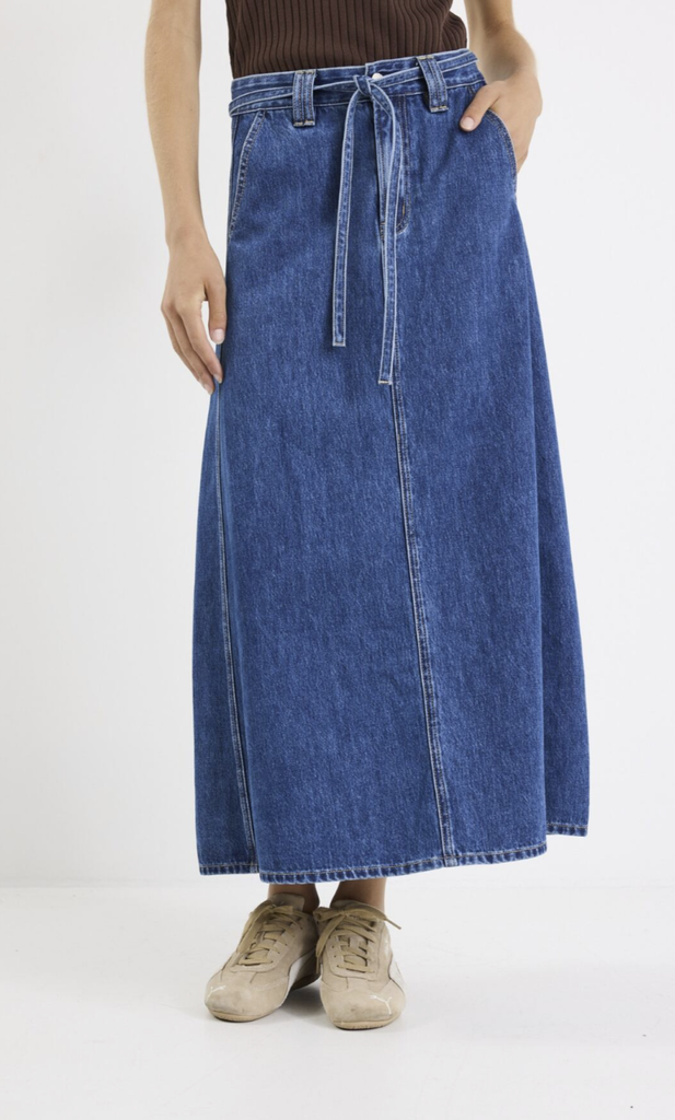 Shop Dockside Storm Blue Denim Tie Front Maxi Skirt | Flo & Frankie