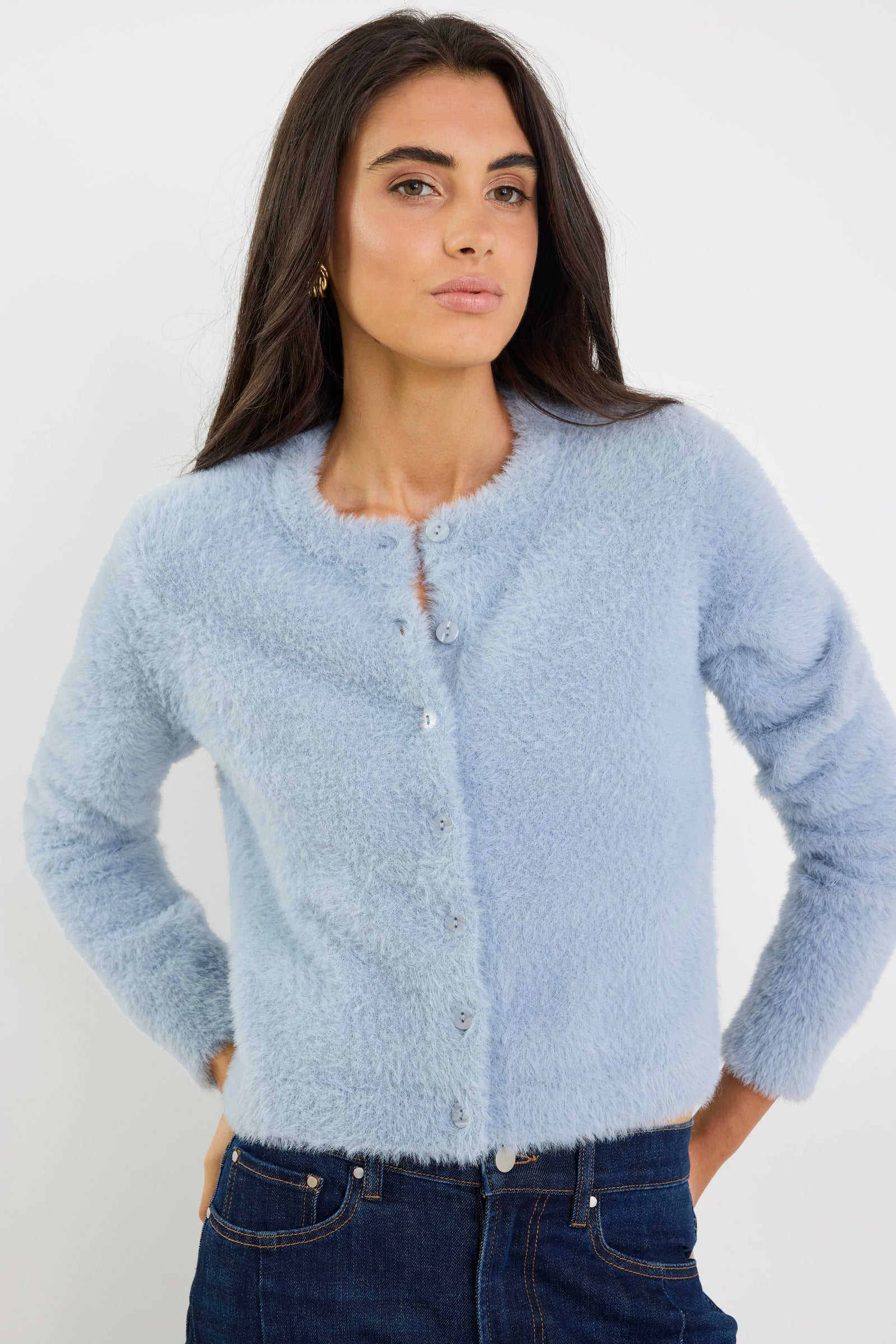 Shop Sequel Light Blue Fluffy Knit LS Cardigan | Flo & Frankie
