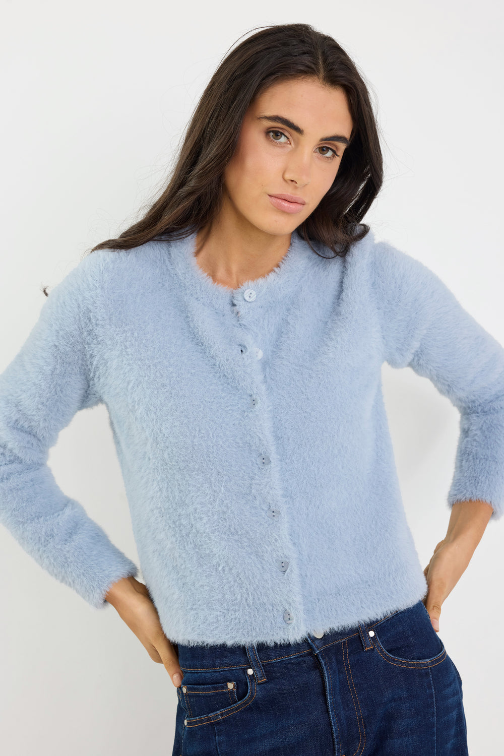 Shop Sequel Light Blue Fluffy Knit LS Cardigan | Flo & Frankie