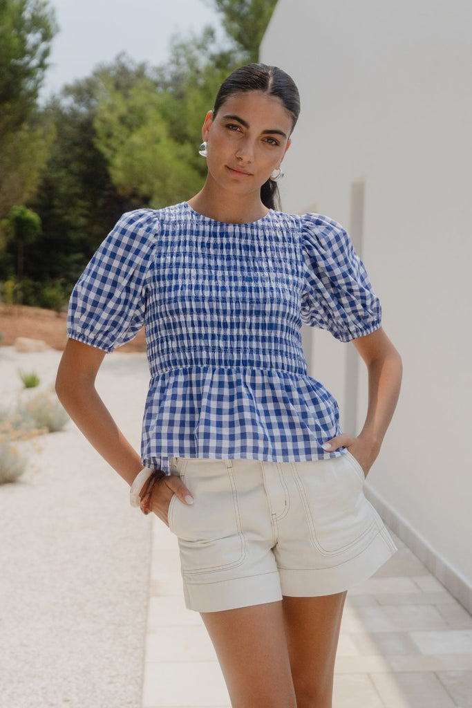 Shop Requite Blue Gingham Shirred Body SS Top | Flo & Frankie