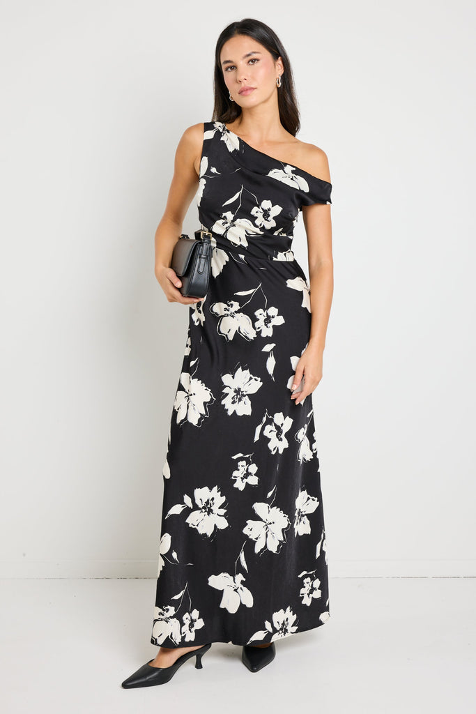 Shop Spotlight Black Floral Satin Off Shoulder Flare Midi Dress | Flo