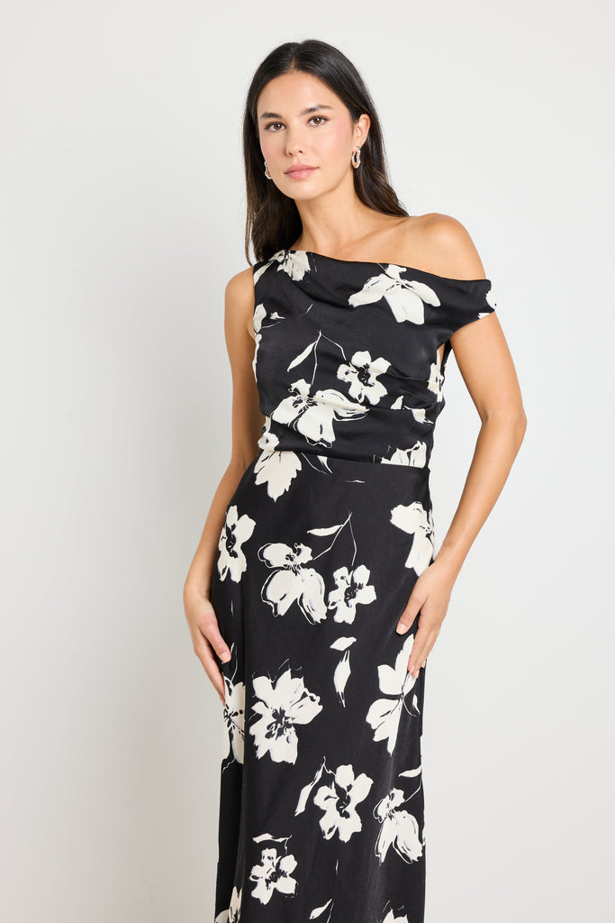 Shop Spotlight Black Floral Satin Off Shoulder Flare Midi Dress | Flo