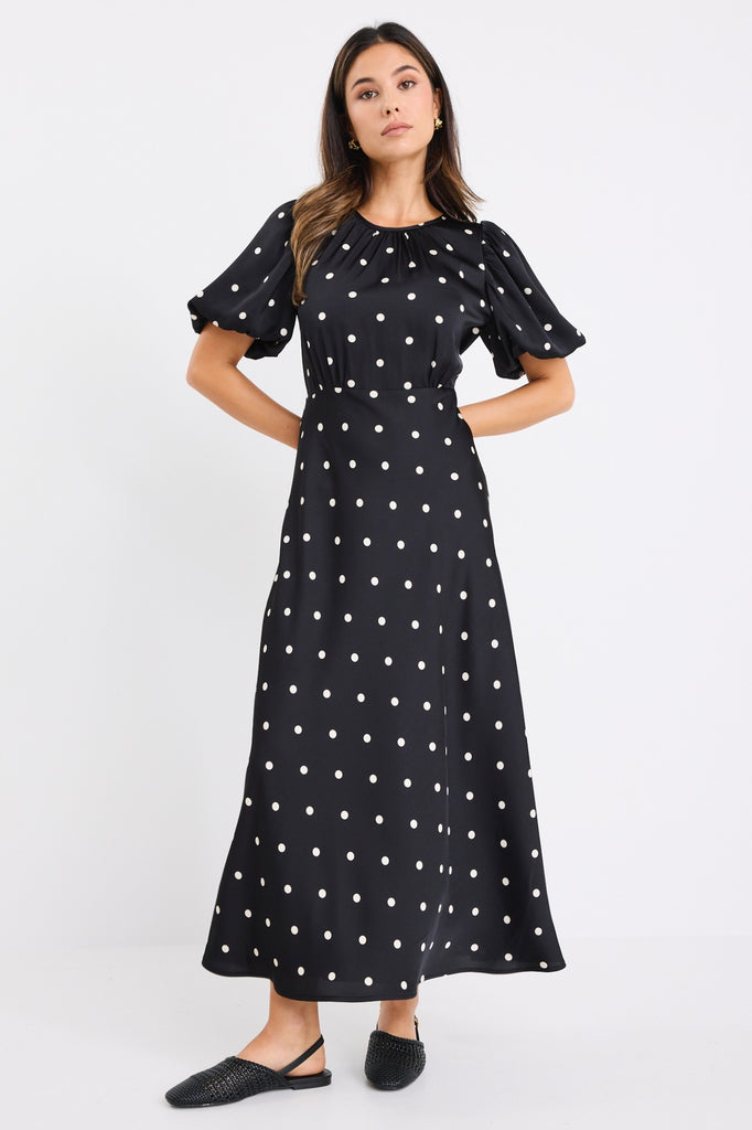 Shop Stage Black Polka Dot Puff Sleeve Floaty Maxi Dress | Flo & Frank
