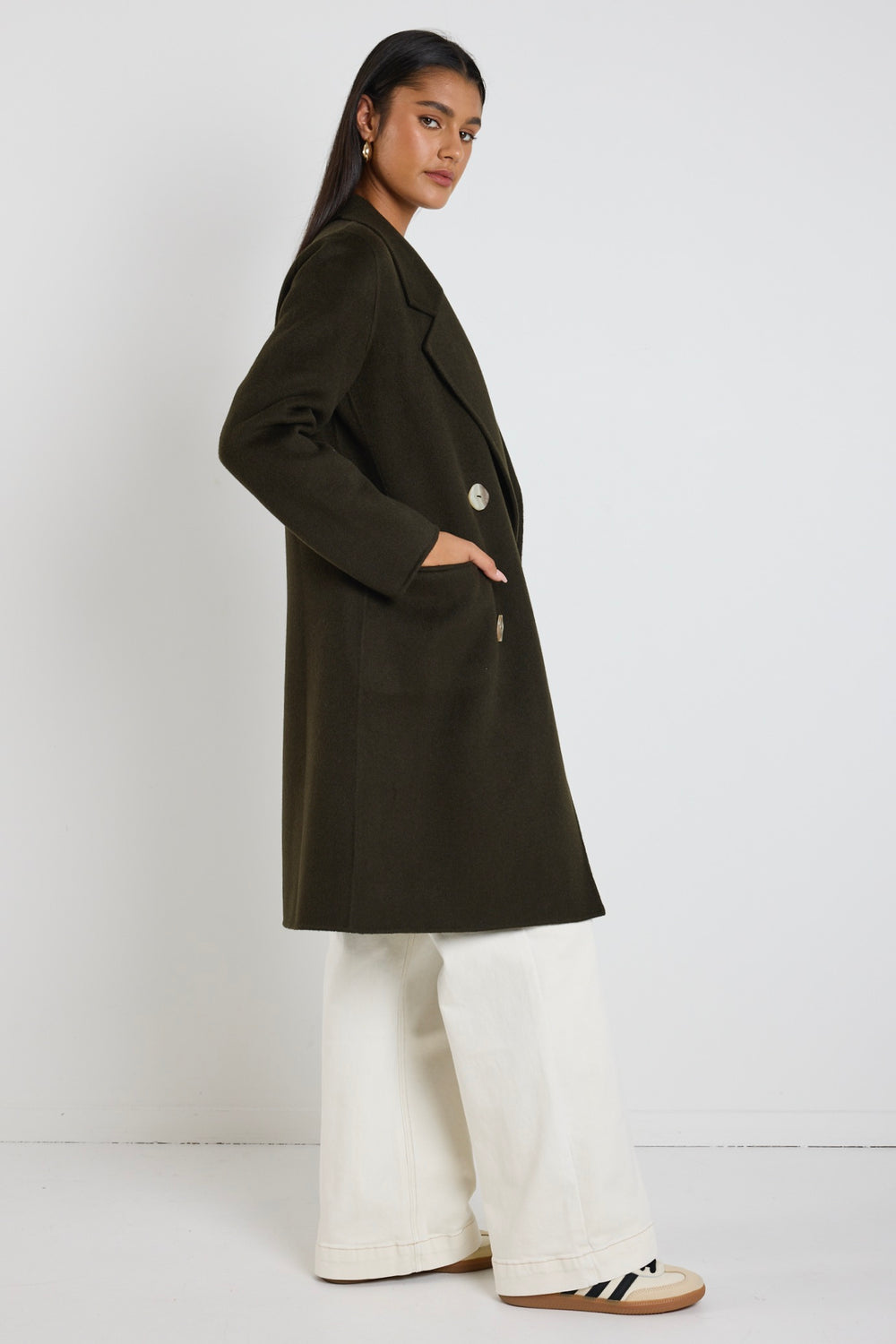 Shop Stockholm Khaki Wool Double Breasted Coat | Flo & Frankie