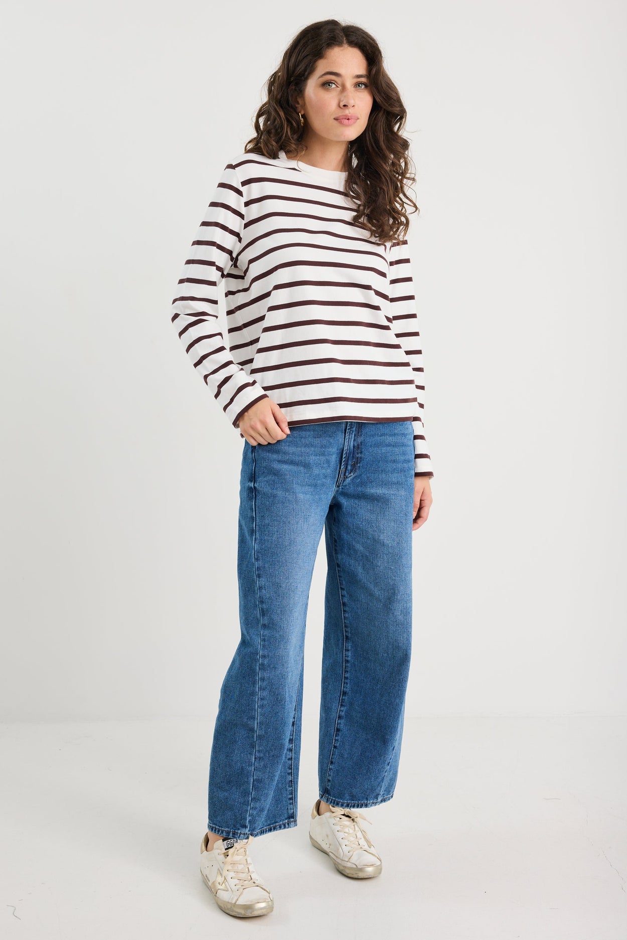 Tether Chocolate White Stripe LS Boxy Te | Flo & Frankie