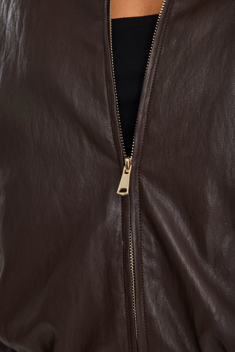 Shop Troupe Chocolate PU Leather Zip Through Bubble Hem Bomber Jacket