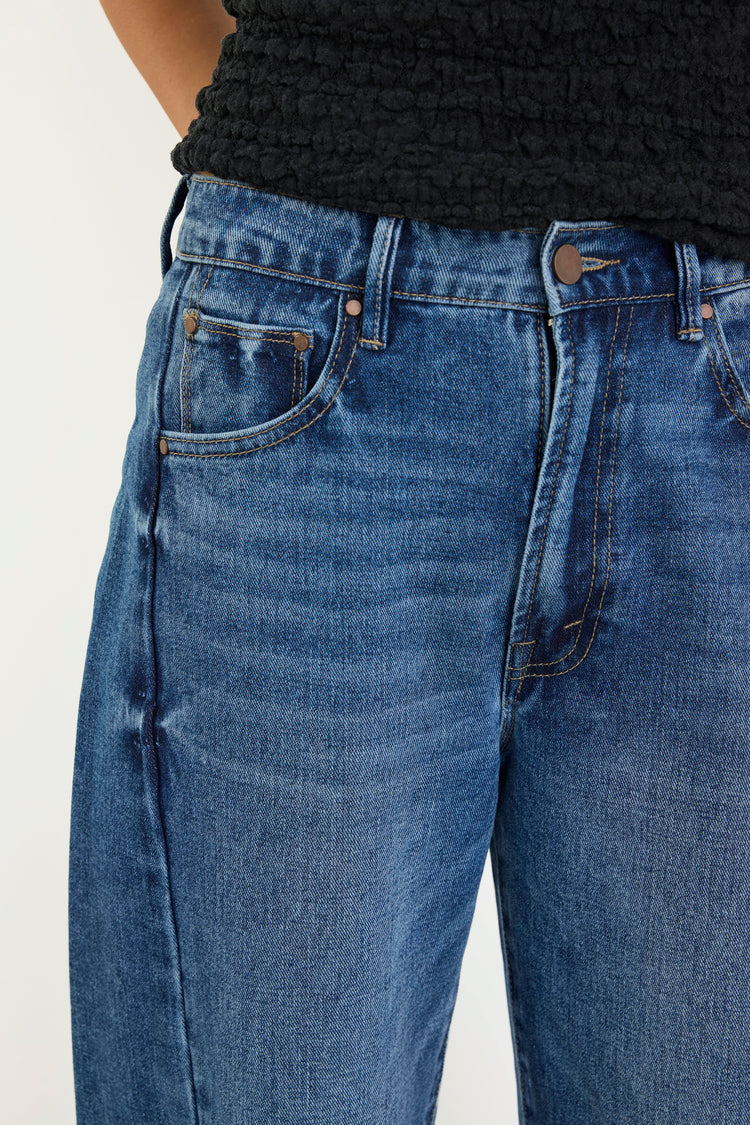 Shop Varsity Deep Blue Forward Seam Barrel Jeans | Flo & Frankie