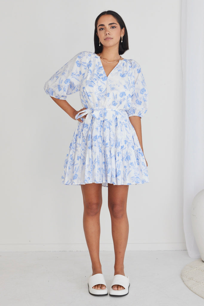Shop Venetia Blue Floral SS V Neck Tied Tiered Mini Dress | Flo & Fran