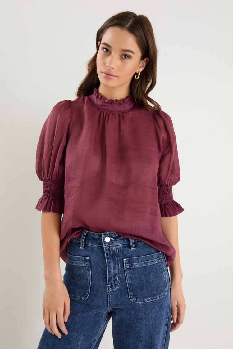 Shop Verse Burgundy Plum Sheer High Neck Short Sleeve Top | Flo & Fran