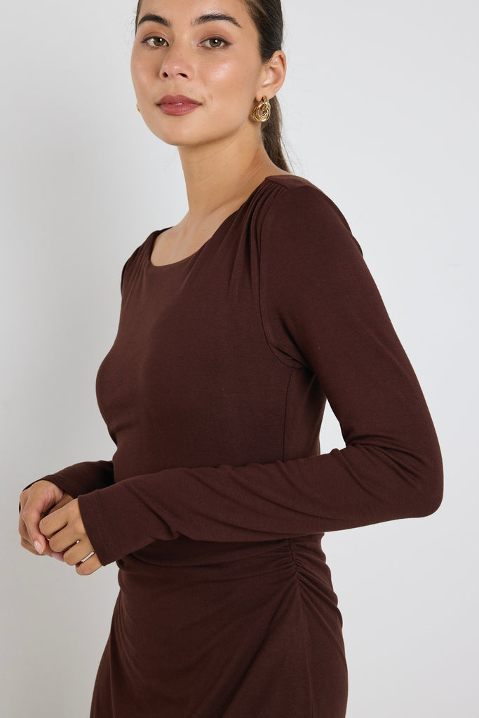 Shop Vertigo Dark Chocolate Jersey LS Midi Dress | Flo & Frankie
