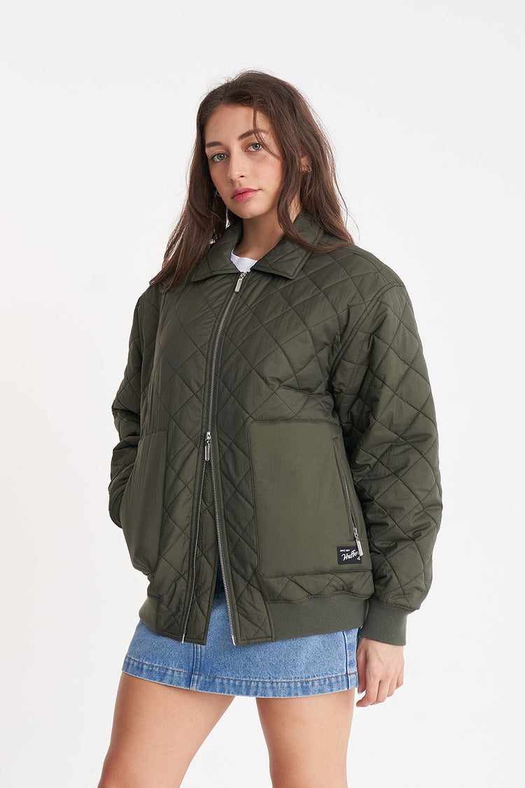 Shop Quilted Longline Khaki Bomber Jacket | Flo & Frankie