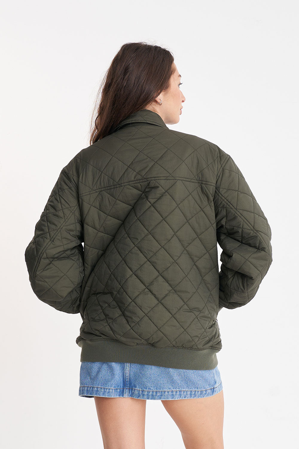 Shop Quilted Longline Khaki Bomber Jacket | Flo & Frankie