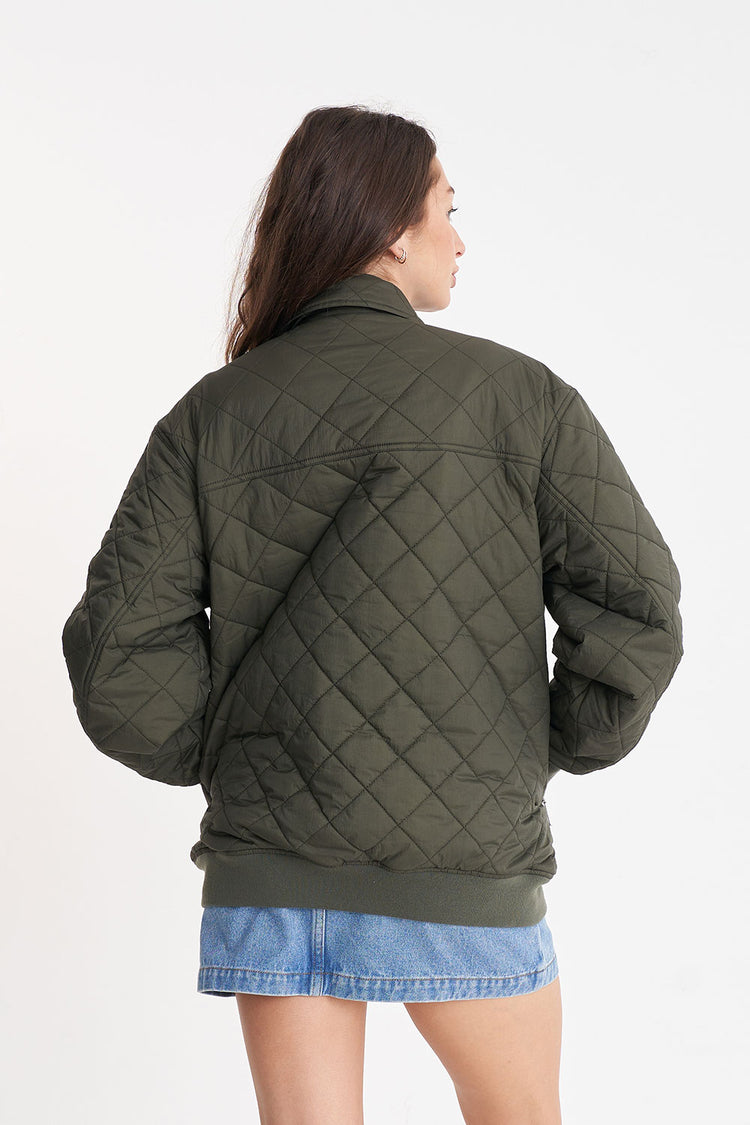 Shop Quilted Longline Khaki Bomber Jacket | Flo & Frankie