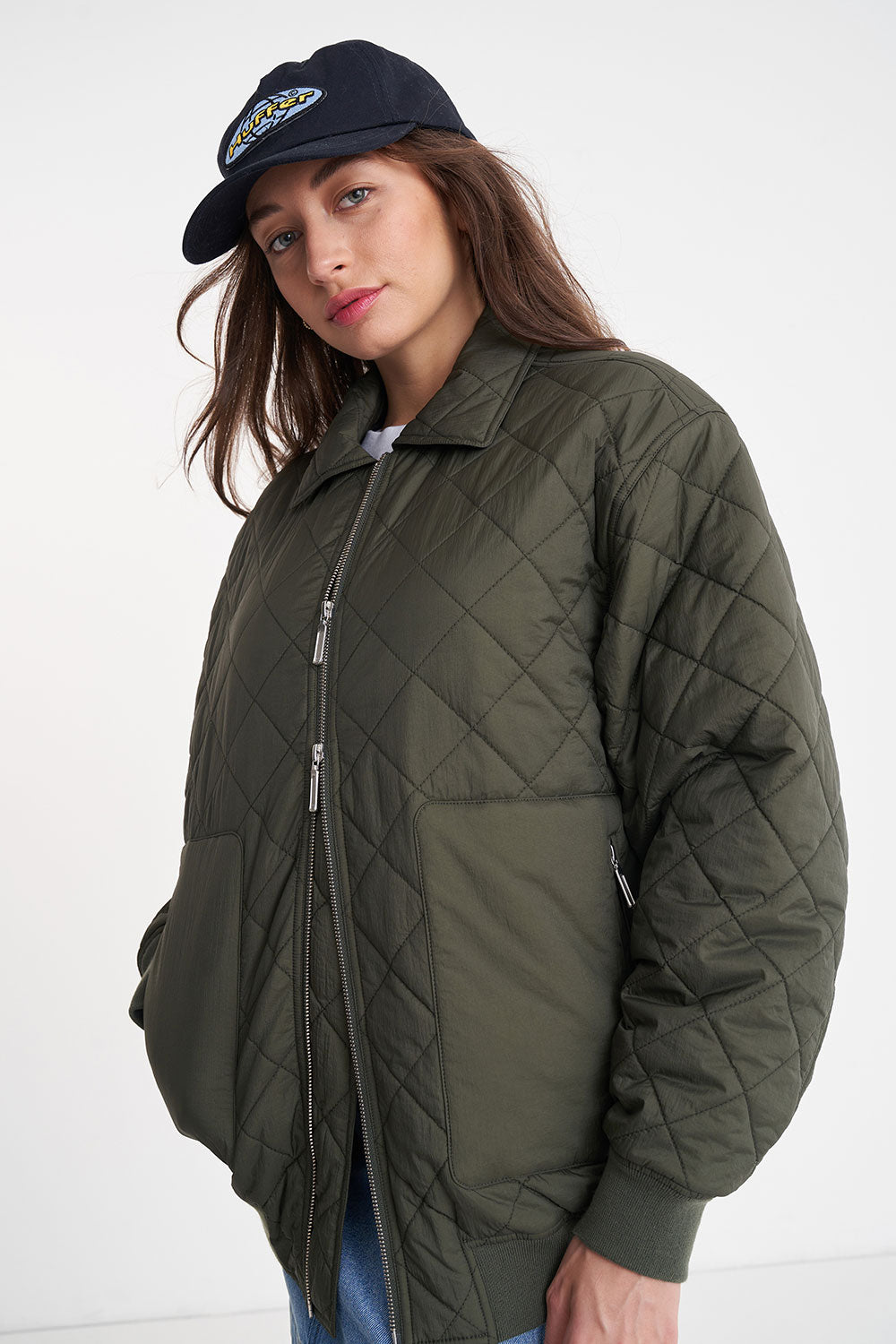 Shop Quilted Longline Khaki Bomber Jacket | Flo & Frankie