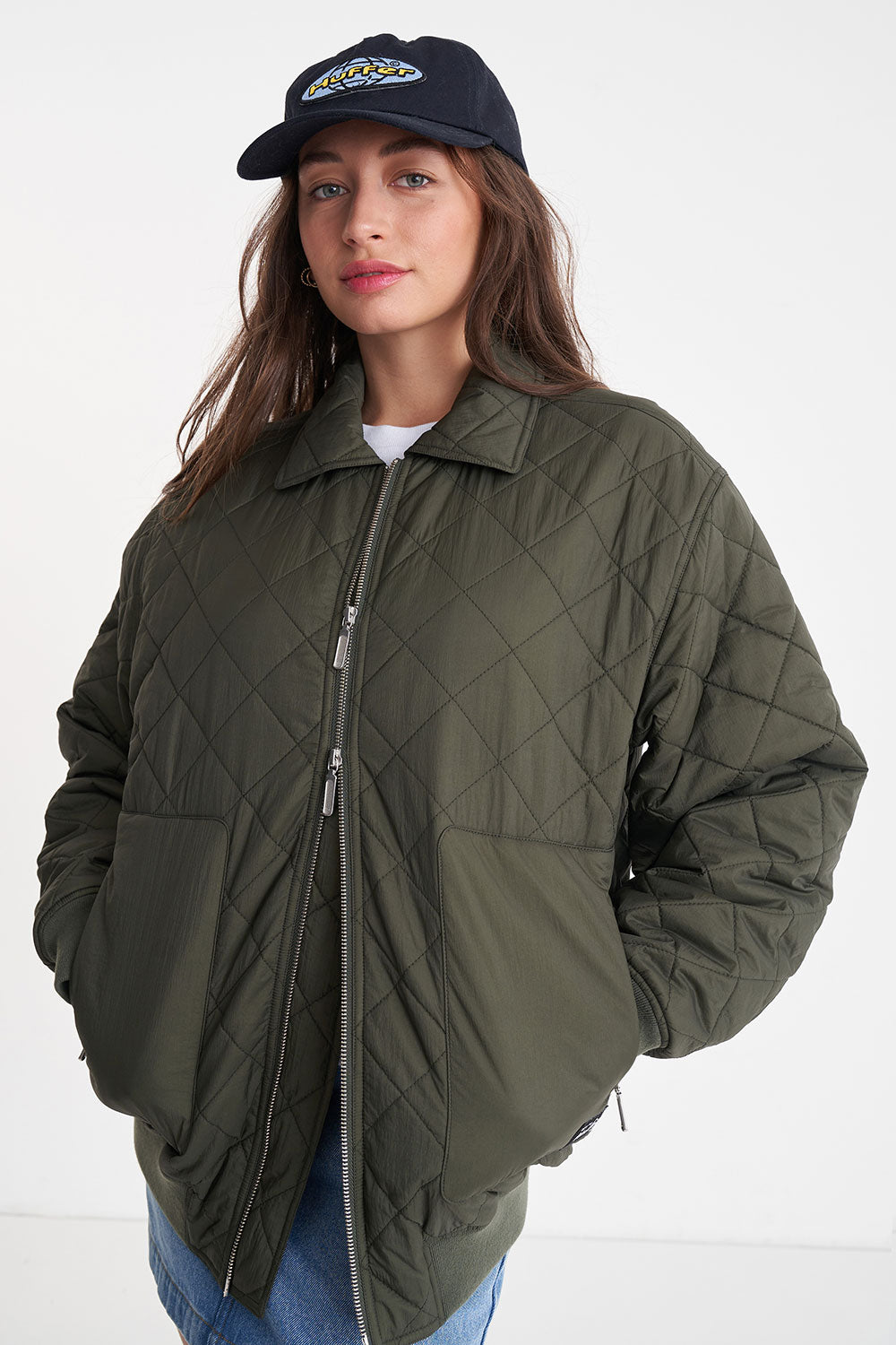 Shop Quilted Longline Khaki Bomber Jacket | Flo & Frankie