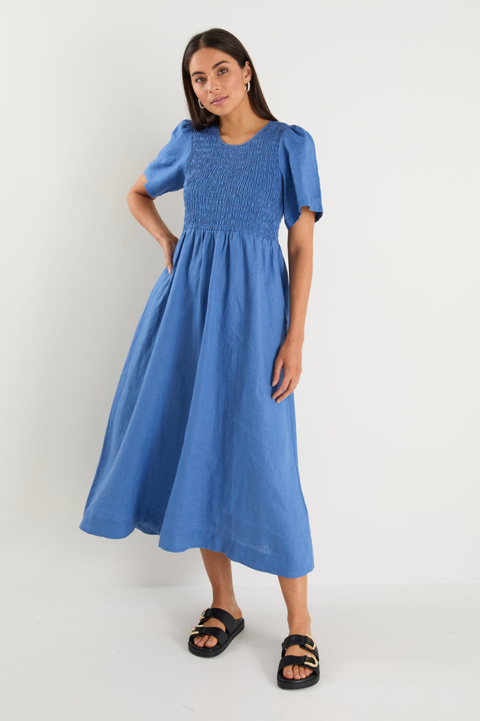 Shop Wren Cornflower Blue Linen SS Shirred Bodice Midi Dress | Flo & F