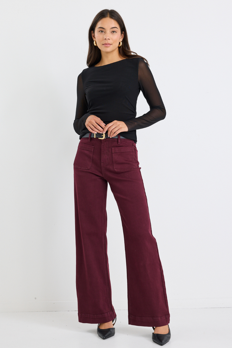 Shop Zoey Burgundy Plum High Rise Wide Leg Pocket Jean | Flo & Frankie