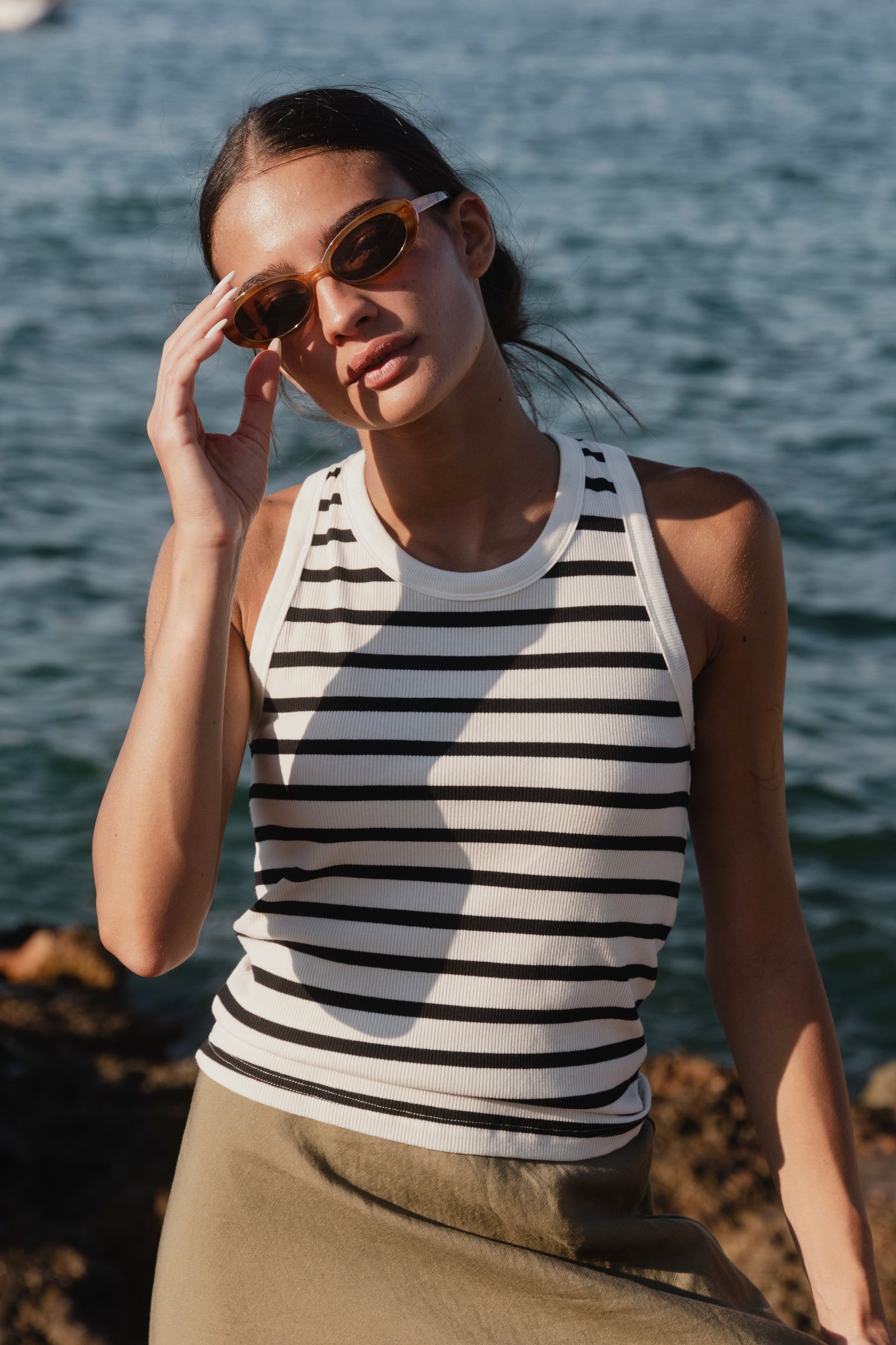 Shop Cobble White Black Stripe Rib Cutaway Tank | Flo & Frankie