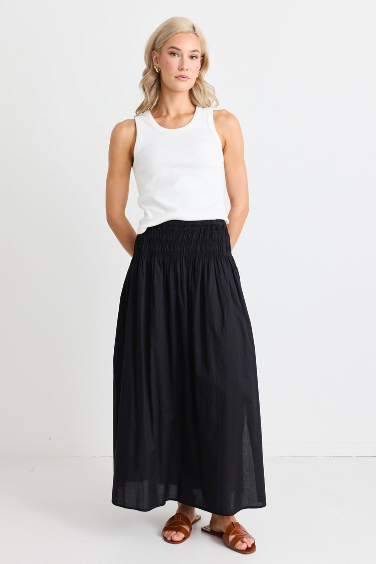Shop Finch Black Cotton Shirred Waist Maxi Skirt | Flo & Frankie