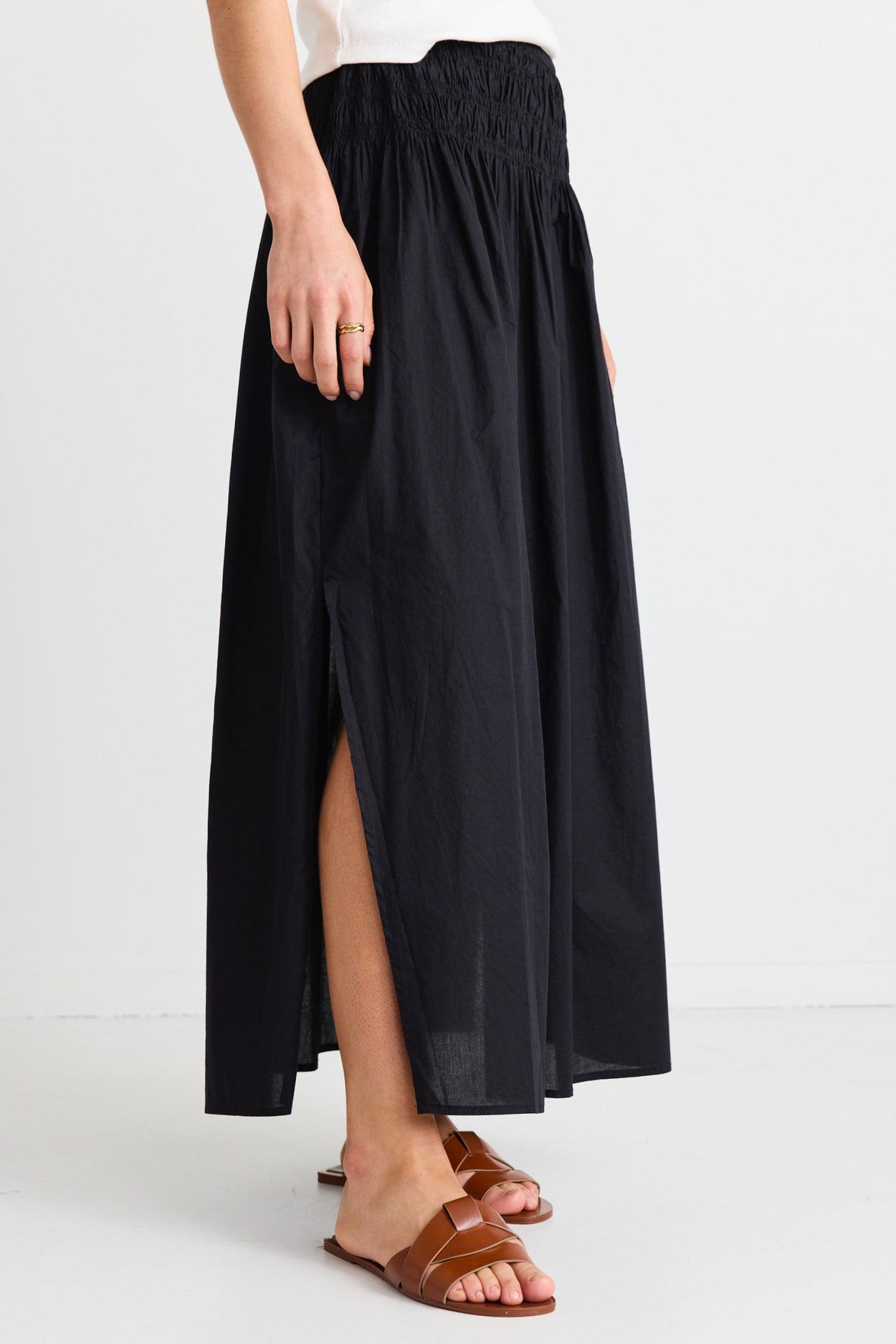 Shop Finch Black Cotton Shirred Waist Maxi Skirt | Flo & Frankie