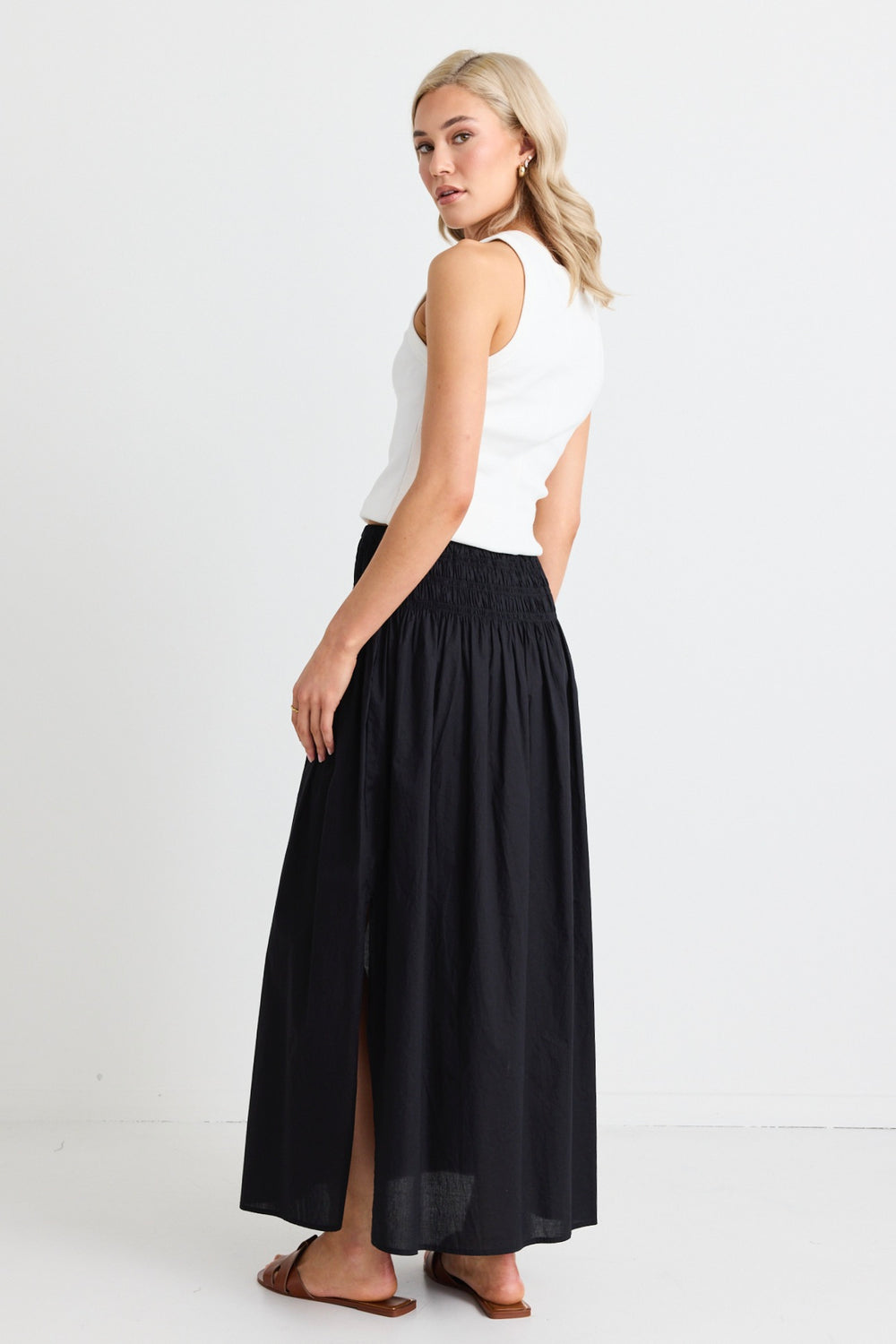 Shop Finch Black Cotton Shirred Waist Maxi Skirt | Flo & Frankie