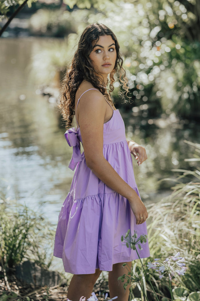 Shop Cosmos Lilac Poplin Tiered Tie Back Strappy Mini Dress | Flo & Fr
