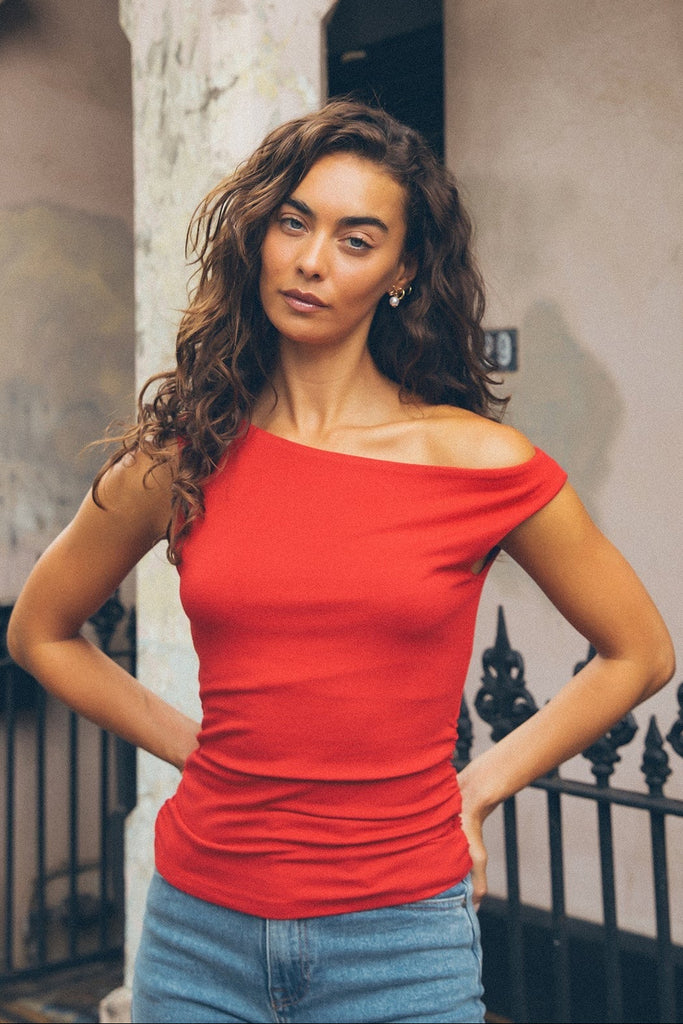 Shop Kylie Red Off Shoulder SS Top | Flo & Frankie