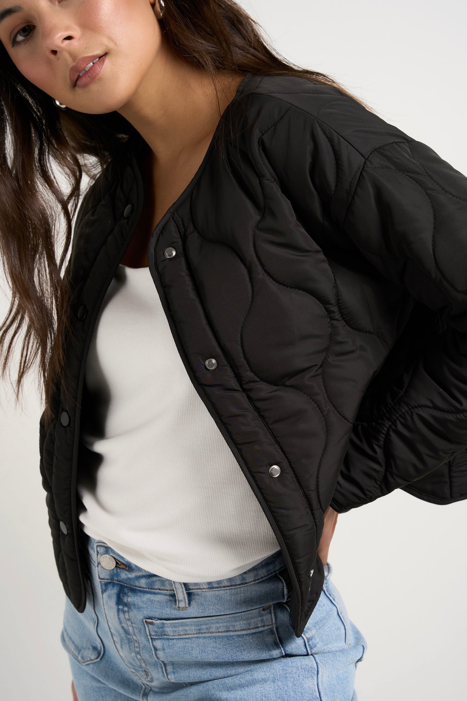 Shop Apex Black Collarless Quilted Puffer Jacket | Flo & Frankie