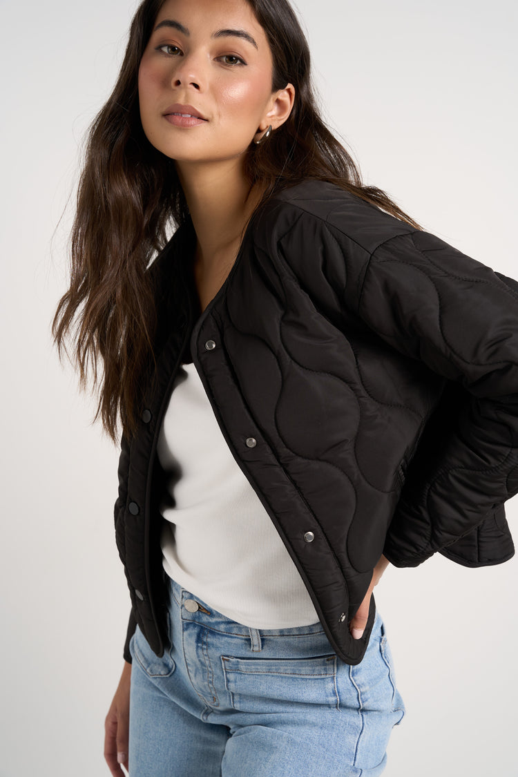 Shop Apex Black Collarless Quilted Puffer Jacket | Flo & Frankie